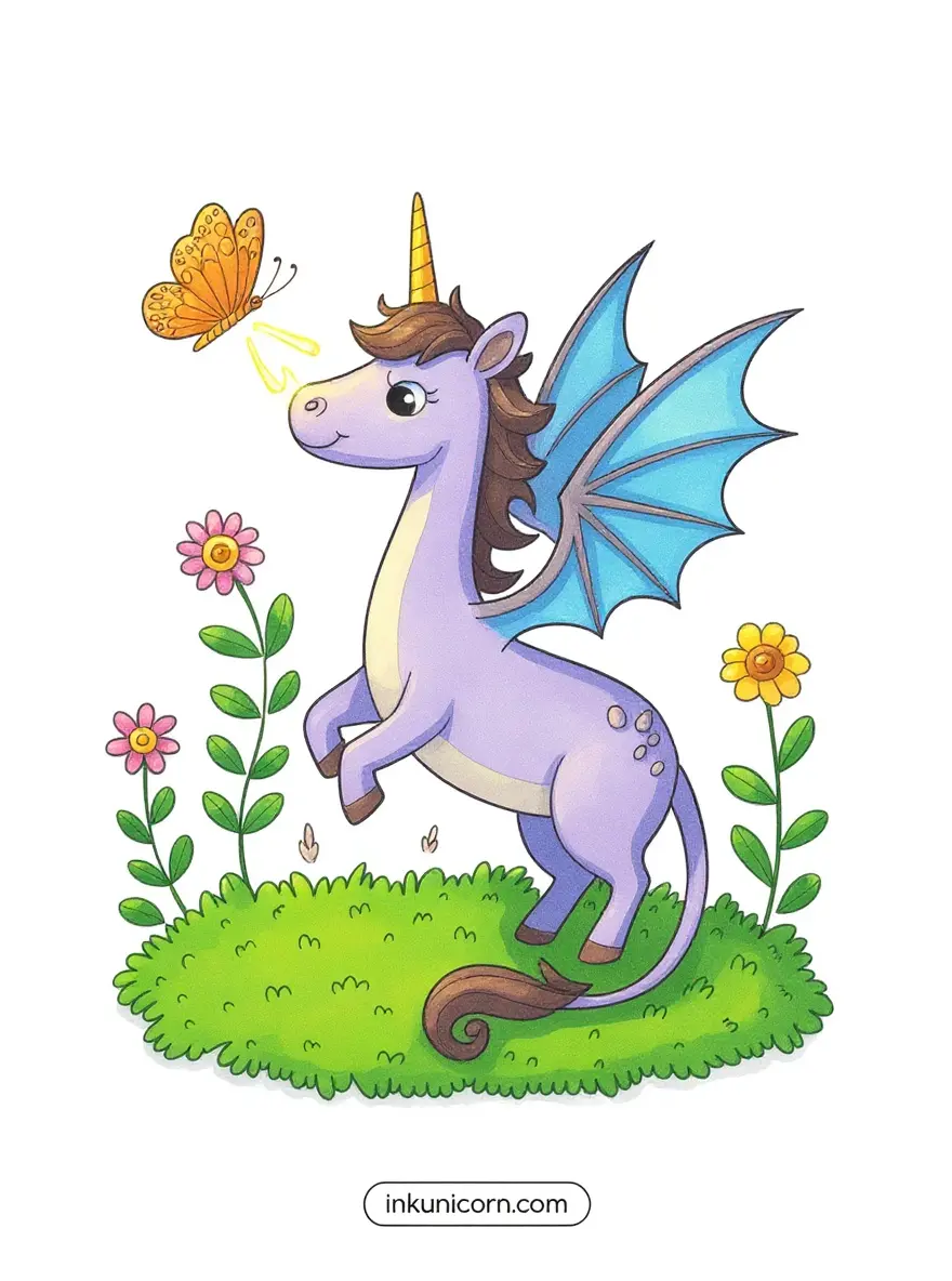 Dragon Unicorn Playing With Butterfly Coloring Page - Ink Unicorn